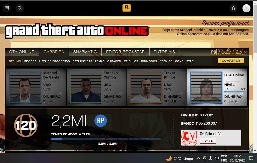 Conta Rockstar Gta V // Lvl 120, 230 Milhoes Em Patrimonio - DFG