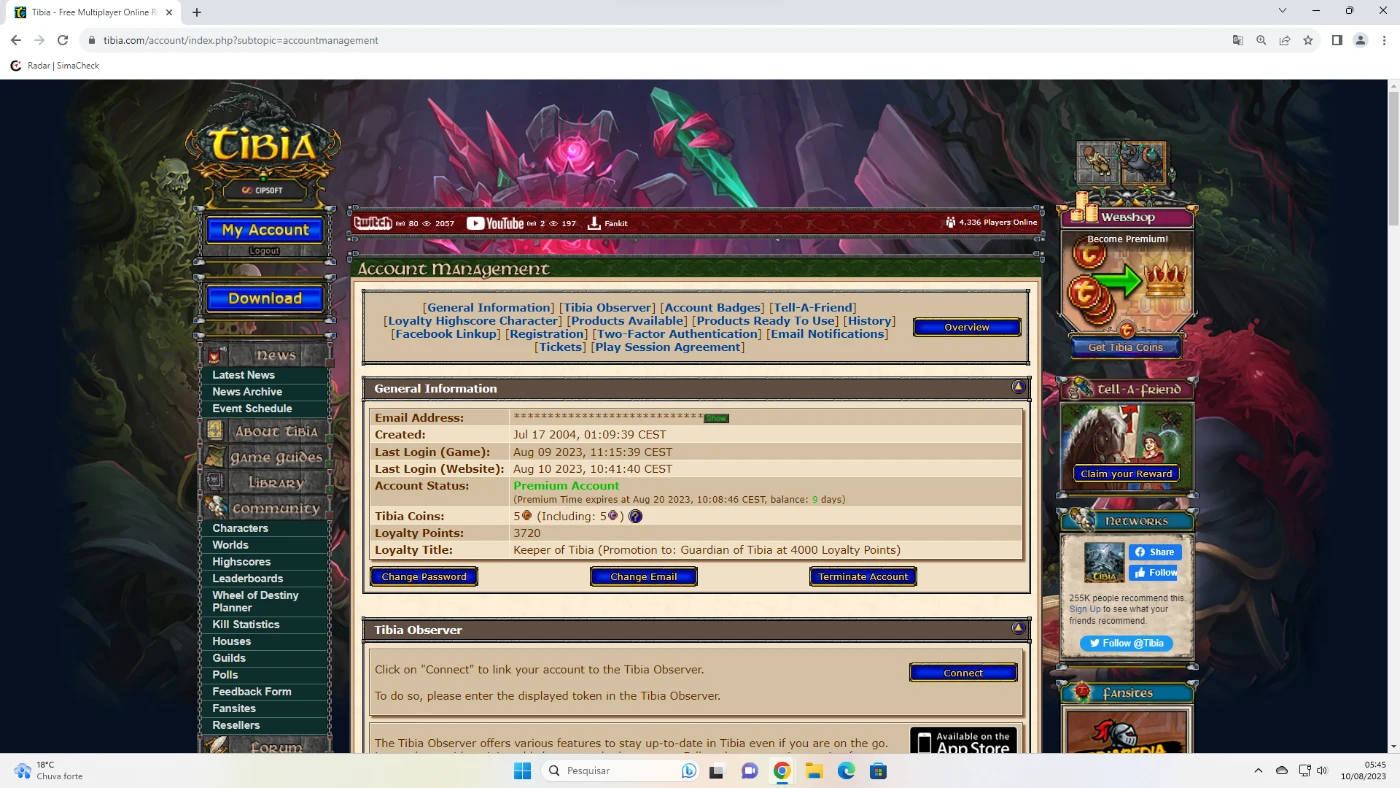 Vendo Acc Tibia 50% Loyalt - Carta Rk Lacrada - - DFG
