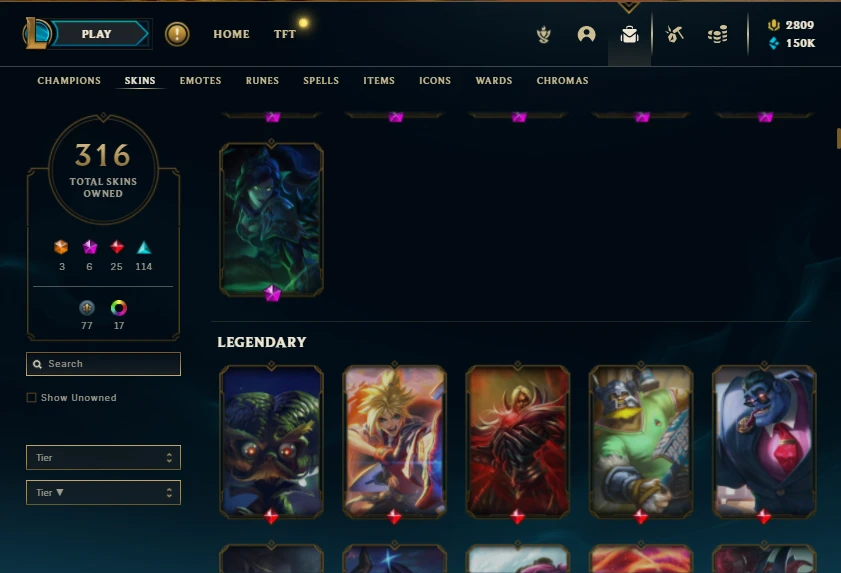 Unranked Com Todos Os Champs E 316 Skins + 1 Rara + 2800 Rp - League Of ...