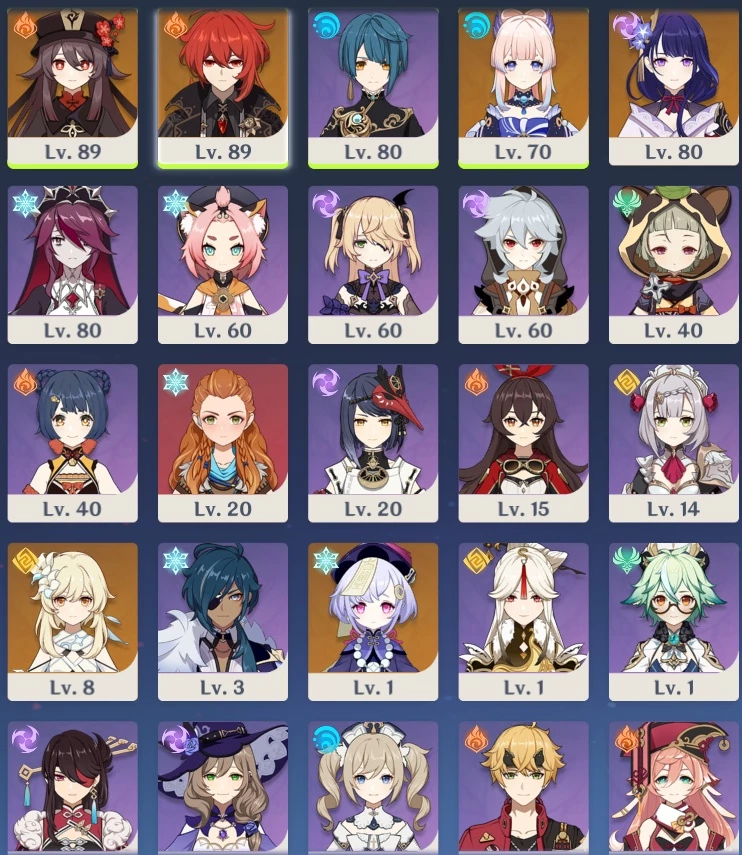 Hu Tao, Diluc C3, Sangonomiya Kokomi C1, Raiden Shogun, Qiqi - Genshin Impact - DFG