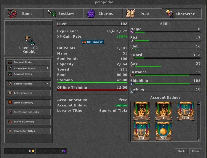 Rp 232 Non Pvp - Ek 134 Lutabra - Ms 90 Retro Outfit Warrior - Tibia - DFG