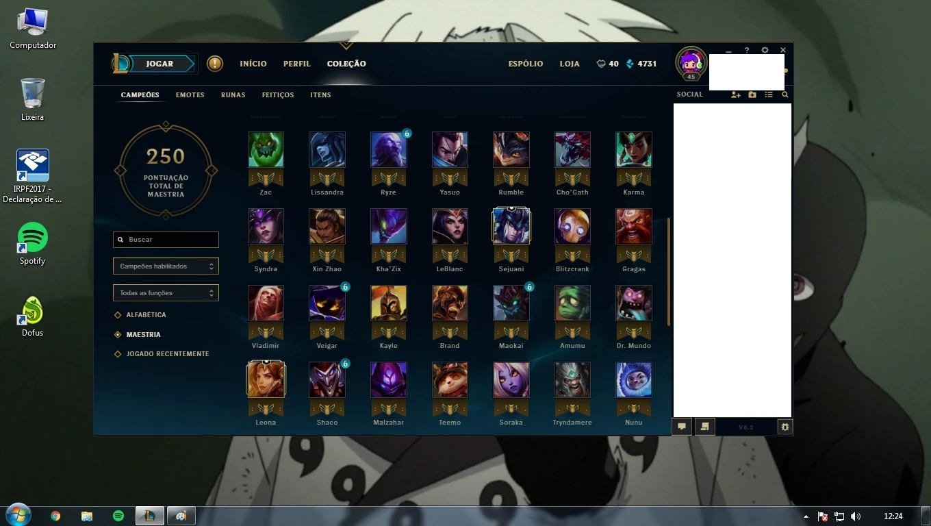 Conta Platina S7, Gold S6, Lvl 45, 52 Skins E 90 Campeões - League Of Legends Lol - DFG